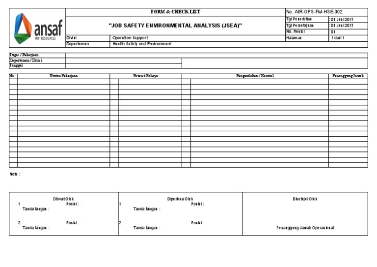 Air-Ops-Fm-Hse-002 Form Job Safety Environmental Analysis (Jsea) | PDF