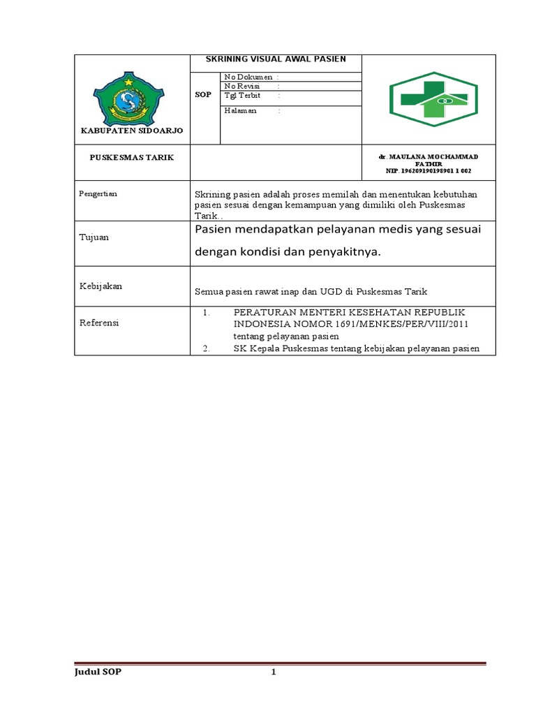Sop Skrining Visual Awal Pasien | PDF