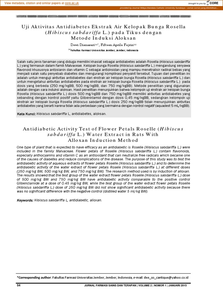 Uji Aktivitas Antidiabetes Ekstrak Air Kelopak Bunga Rosella (Hibiscus ...