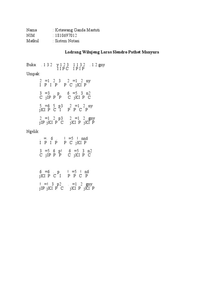 Notasi Ladrang Wilujeng Slendro | PDF | Teaching Methods & Materials
