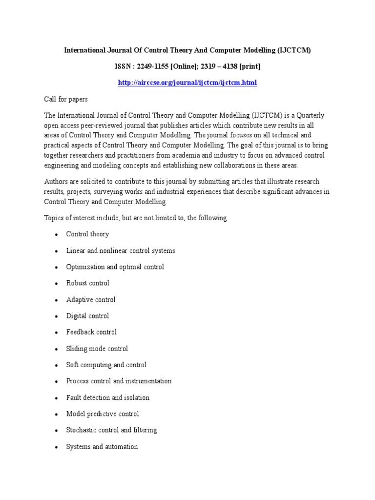 International Journal of Control Theory and Computer Modelling (IJCTCM ...