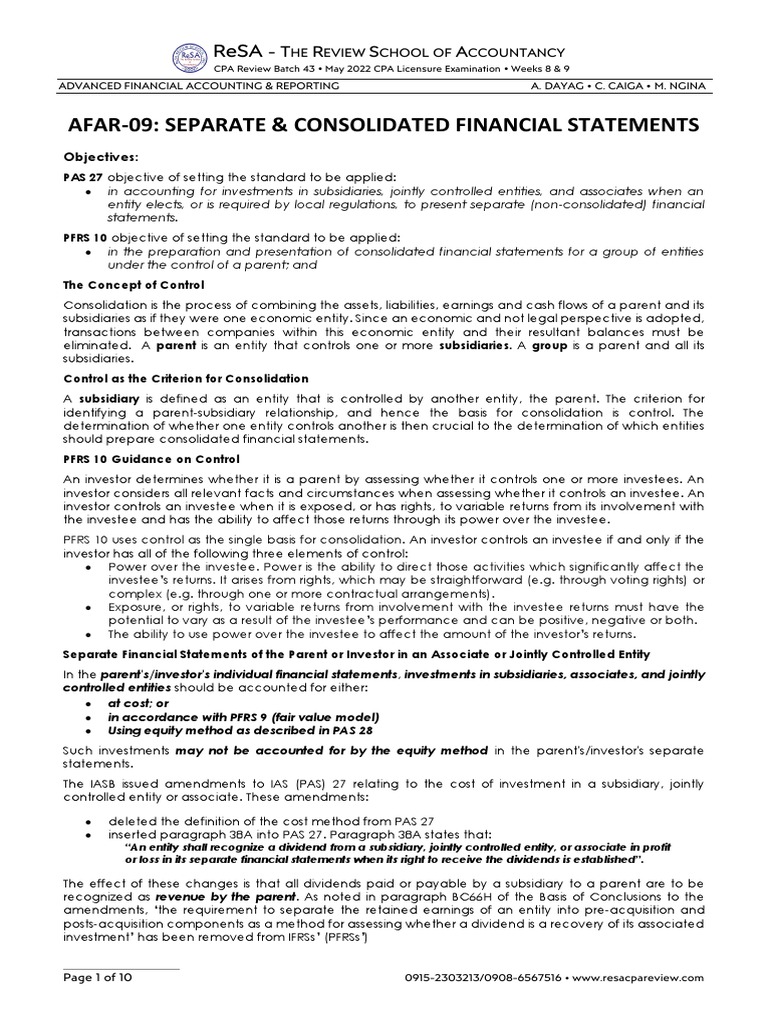 Resa Cpa Review Batch 43 Separate Consolidated Financial Statements