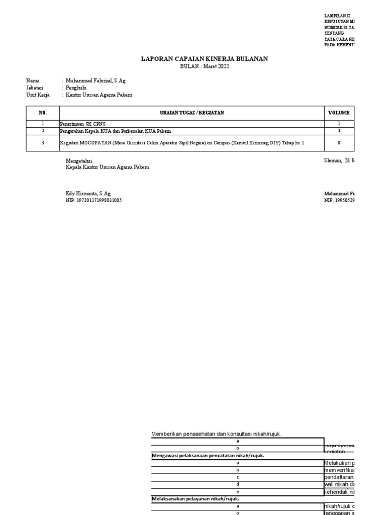 Laporan Kerja Bulanan | PDF