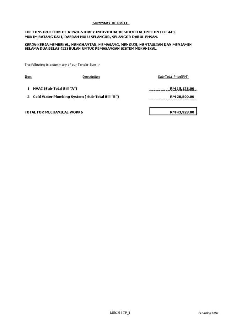 The Following Is A Summary of Our Tender Sum:-: Perunding Azfar | PDF ...