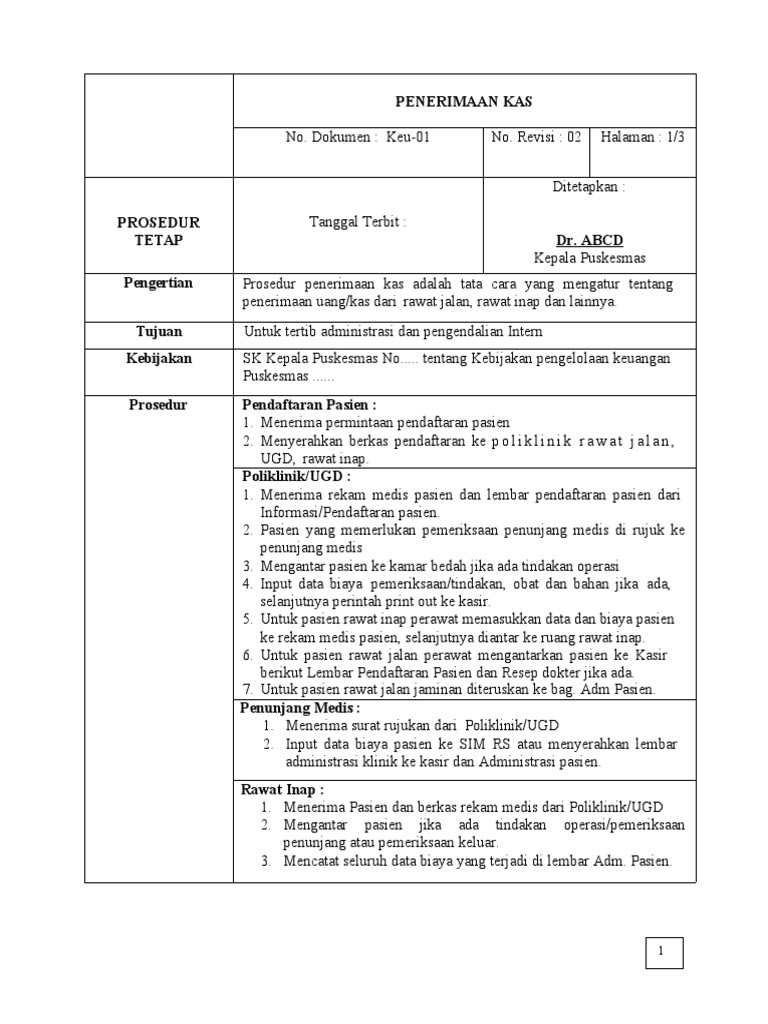 Prosedur Penerimaan Kas Puskesmas | PDF | Pengelolaan Keuangan & Uang