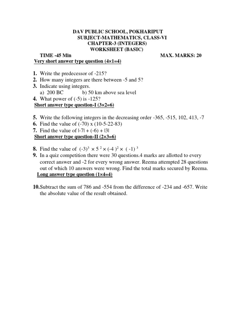 Class VI-INTEGERS - WORKSHEET | Download Free PDF | Integer | Numbers