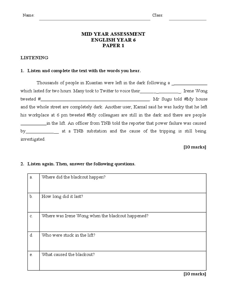 Mid-Year Test Bi Year 6 | PDF