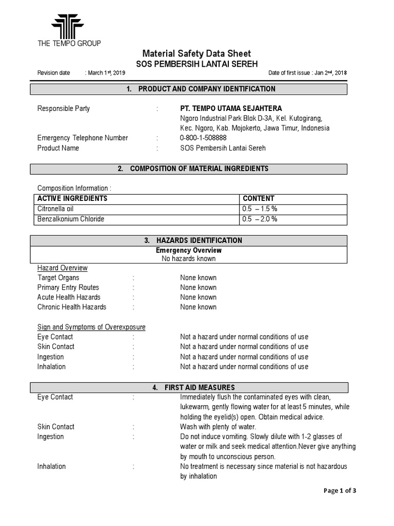 Material Safety Data Sheet: Sos Pembersih Lantai Sereh | PDF ...