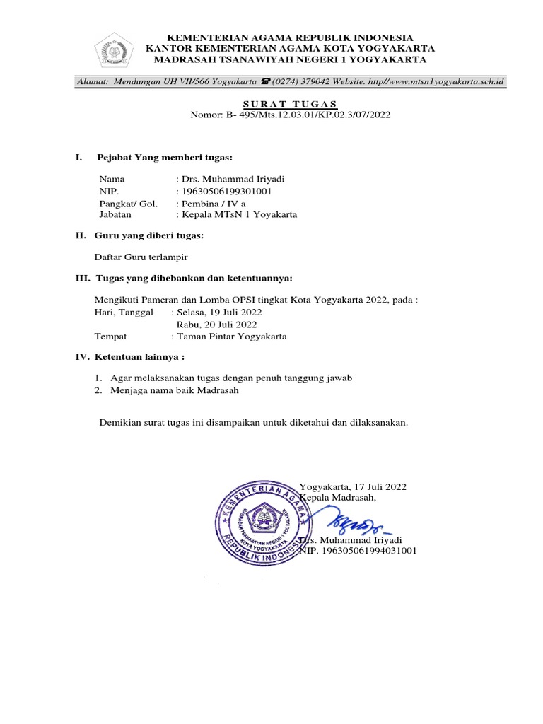 Surat Tugas Lomba OPSI 2022 Pendamping | PDF