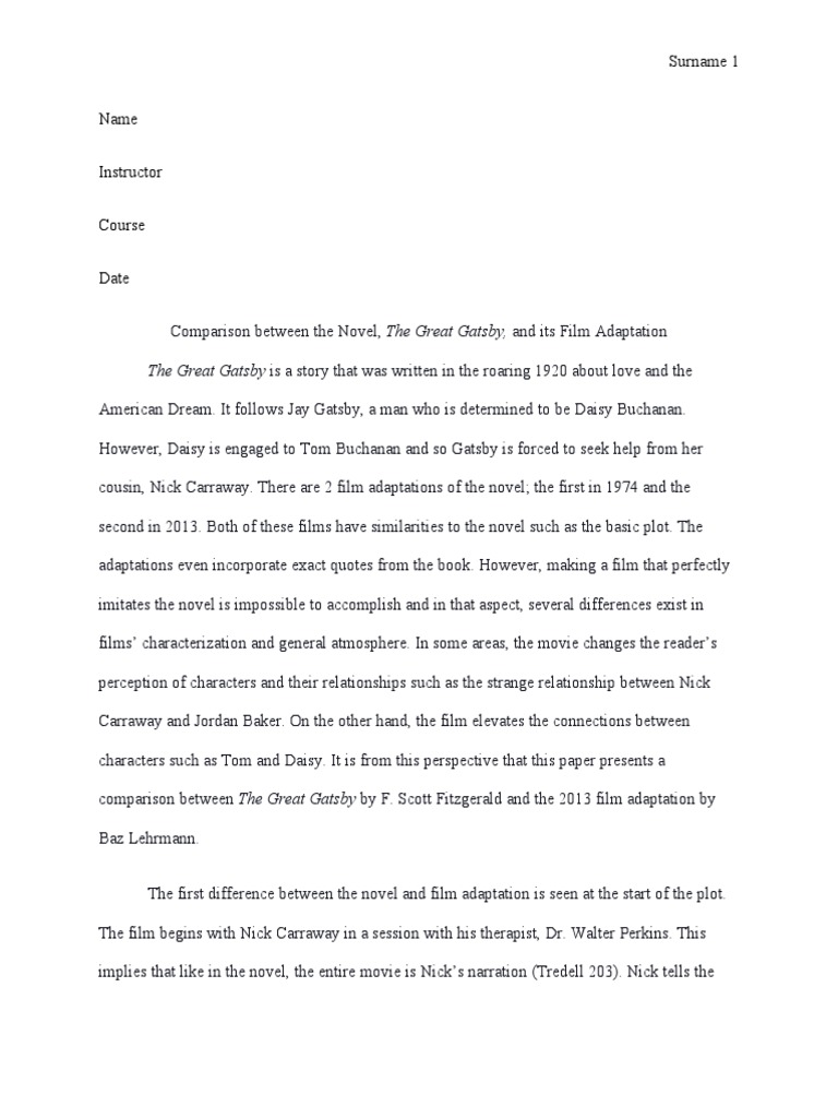 Comparison Between The Novel, The Great Gatsby, and Its Film Adaptation ...