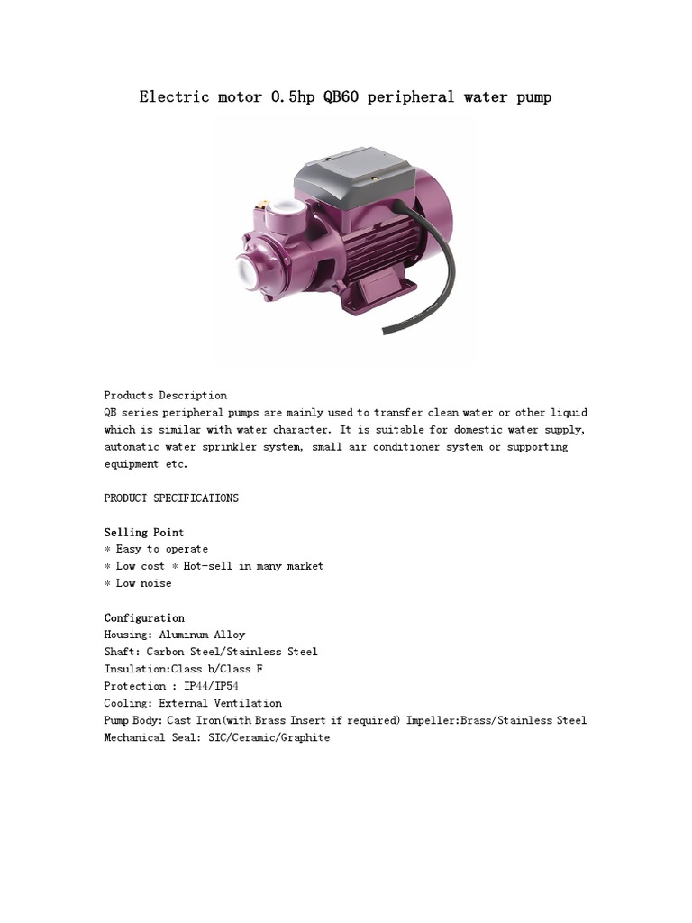 Electric Motor Peripheral Water Pump | PDF | Pump | Electric Motor