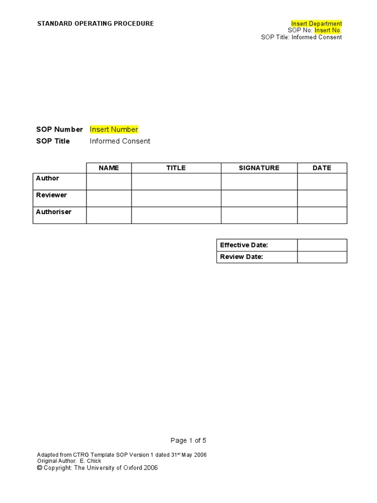 SOP Number Insert Number SOP Title: Informed Consent | PDF | Informed ...