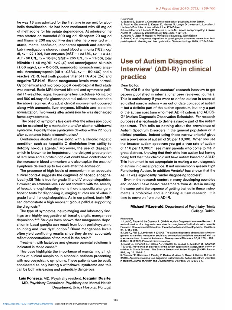 Use of Autism Diagnostic Interview1 Adi R in Clinical Practice | PDF ...