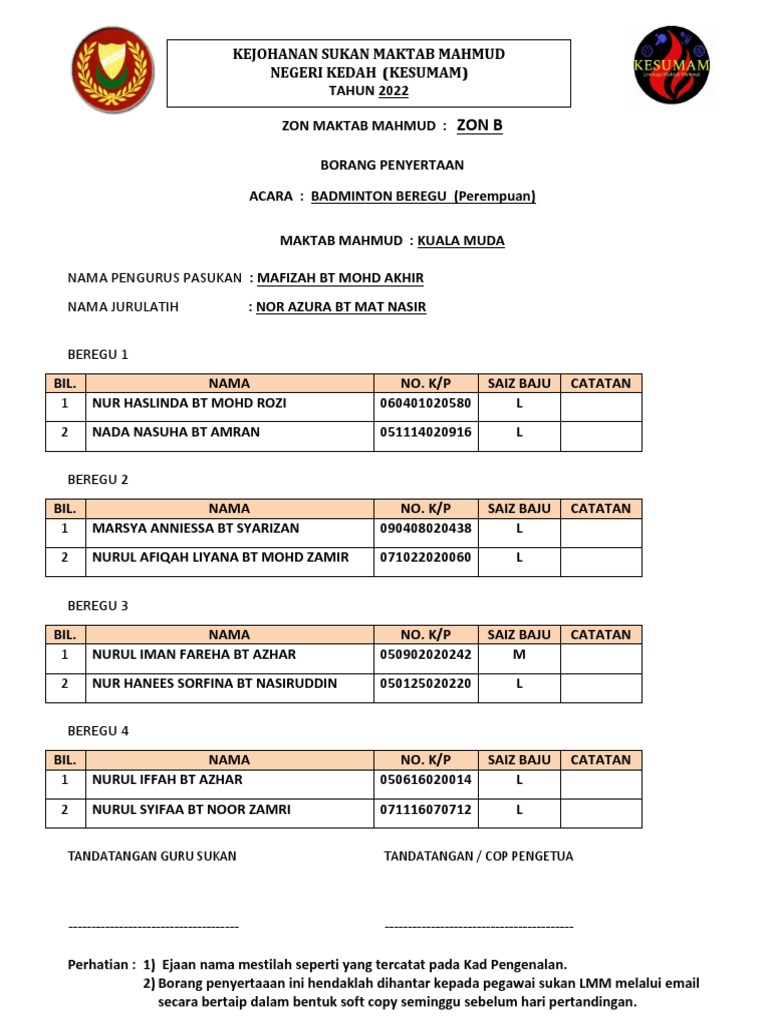 Pendaftaran Pasukan Badminton Maktab Mahmud untuk Kejohanan Sukan Zon B | PDF