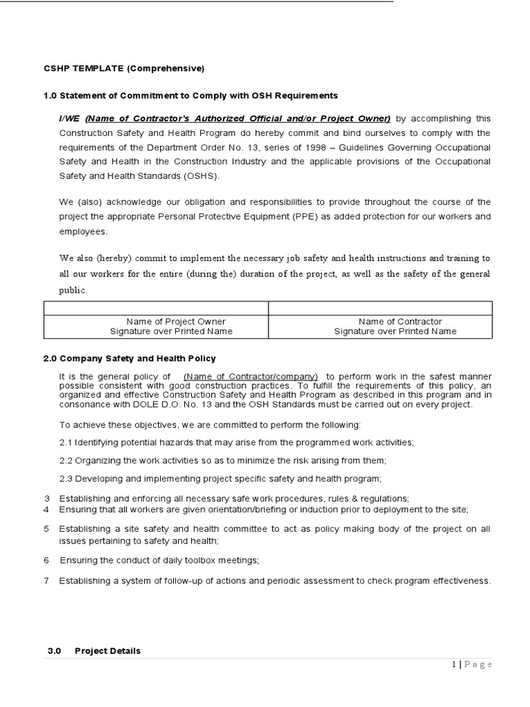 CSHP TEMPLATE (1) - New | PDF | Occupational Safety And Health ...