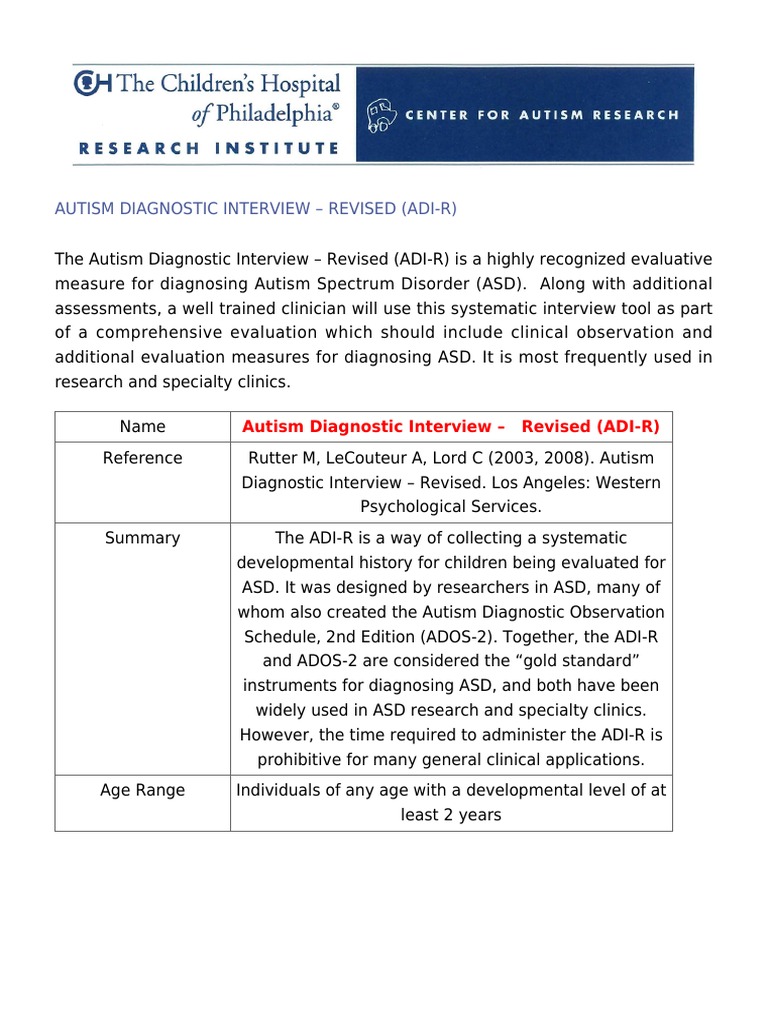 Autism Diagnostic Interview - Revised (ADI-R) | PDF | Autism Spectrum ...