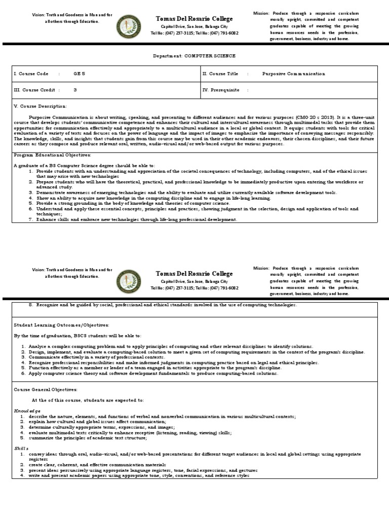 Syllabus GE 5 Purposive Communication ComSci | PDF | Communication | Computing