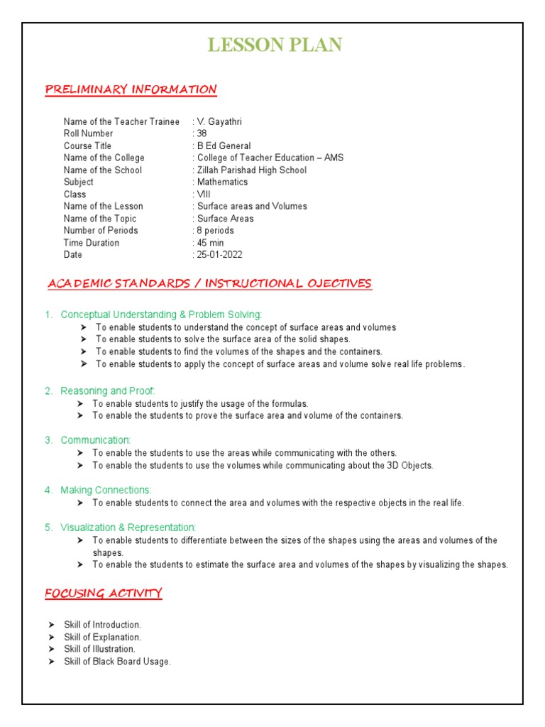 Calculating Surface Areas and Volumes: A Lesson Plan on Deriving and ...