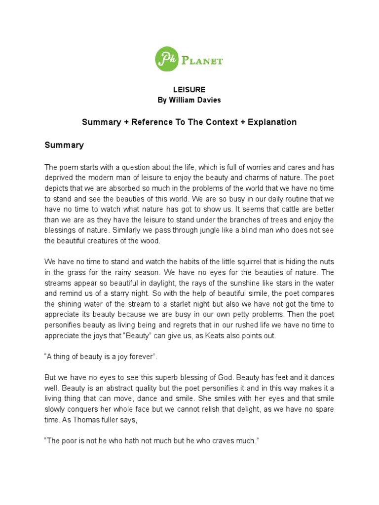 Summary + Reference To The Context + Explanation: Leisure by William ...