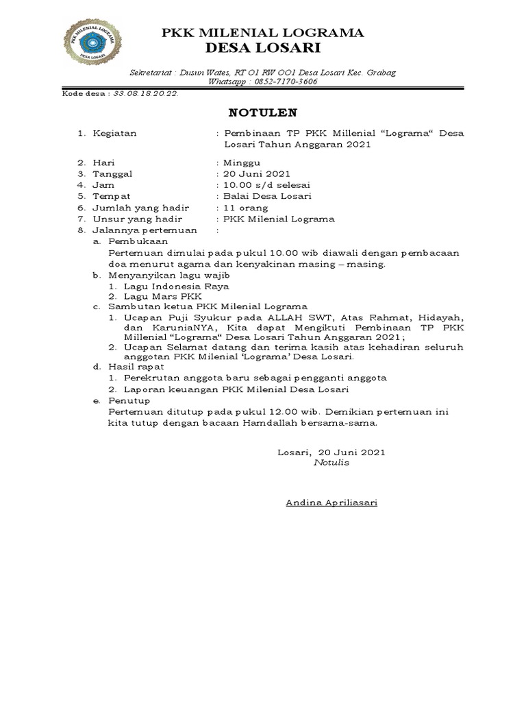 Notulen PKK Milenial Juni Ags | PDF