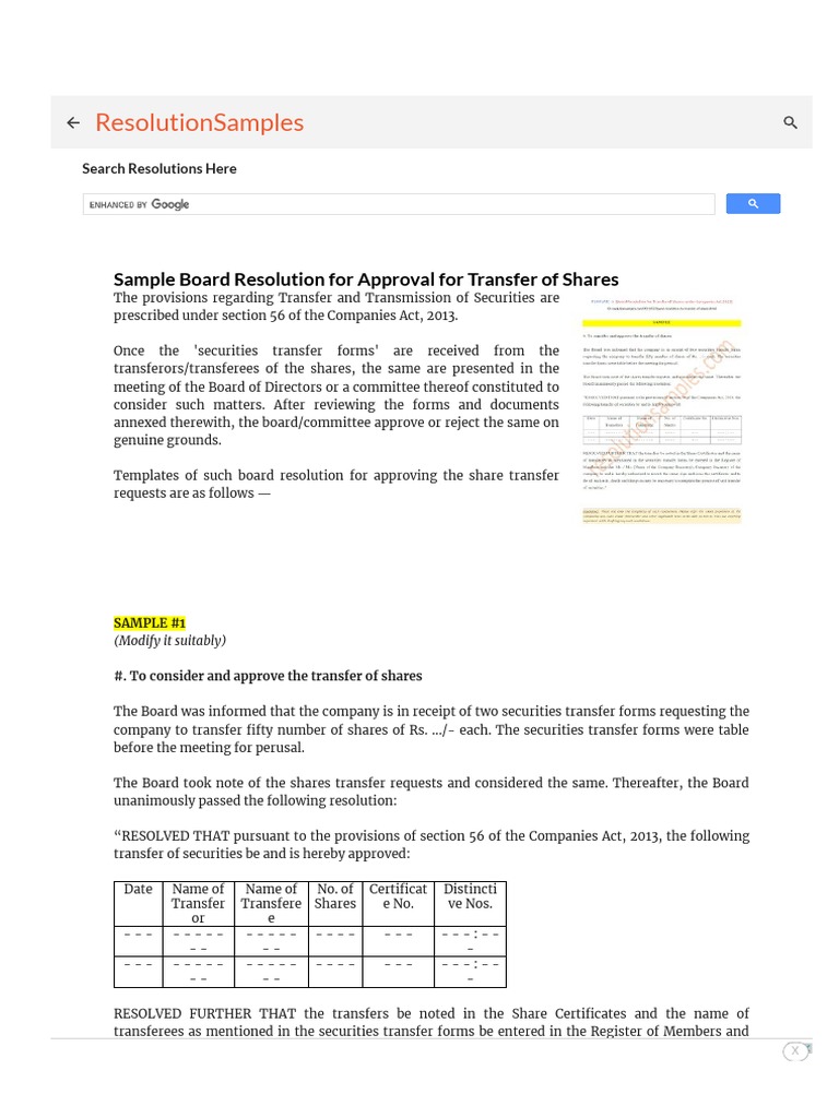 Resolutionsamples: Sample Board Resolution For Approval For Transfer of ...