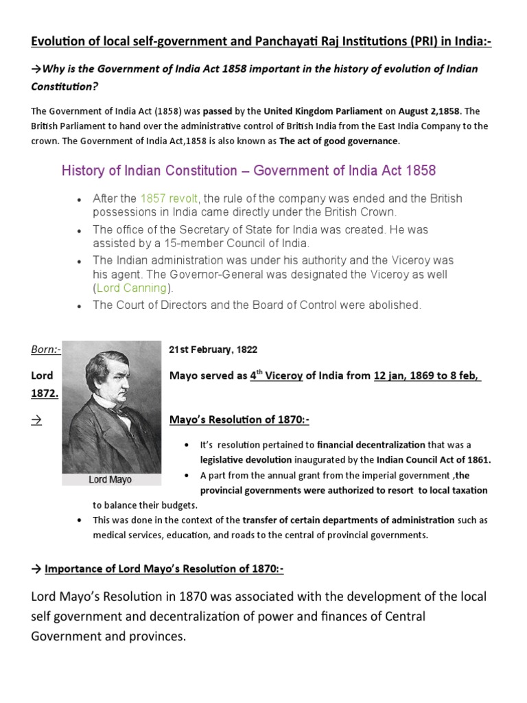 Lord Mayo's 1870 Resolution on Decentralization | PDF | British Raj ...