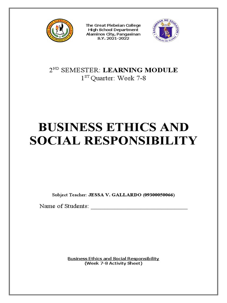 Business Ethics and Social Responsibility: 2 Semester: Learning Module ...