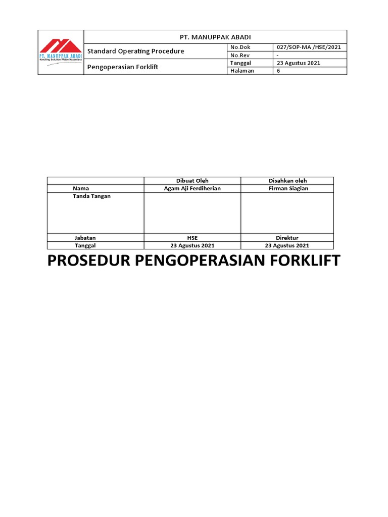 Sop Pengoperasian Forklift | PDF