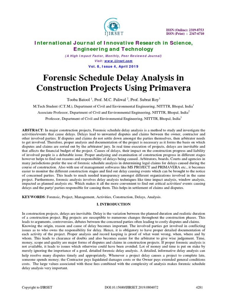 Forensic Schedule Delay Analysis In Construction Projects Using 8142