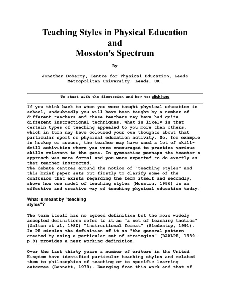 Teaching Styles in Physical Education | PDF