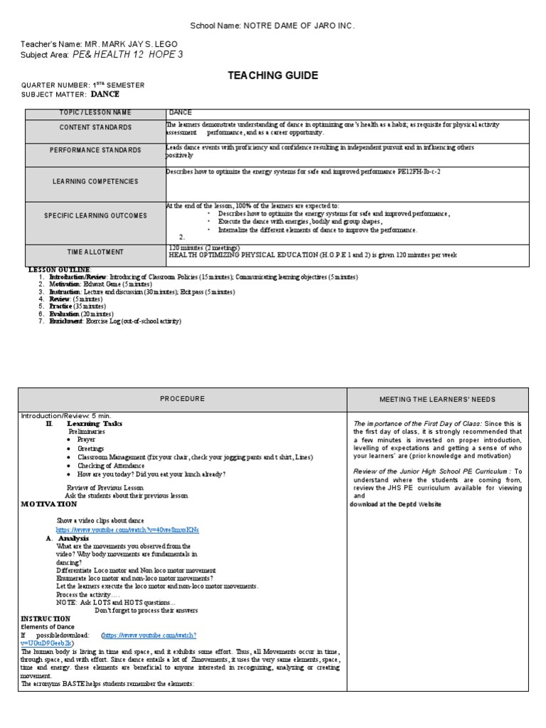 Teaching Guide - PE & HEALTH 12 HOPE 3 | PDF | Physical Education | Dances