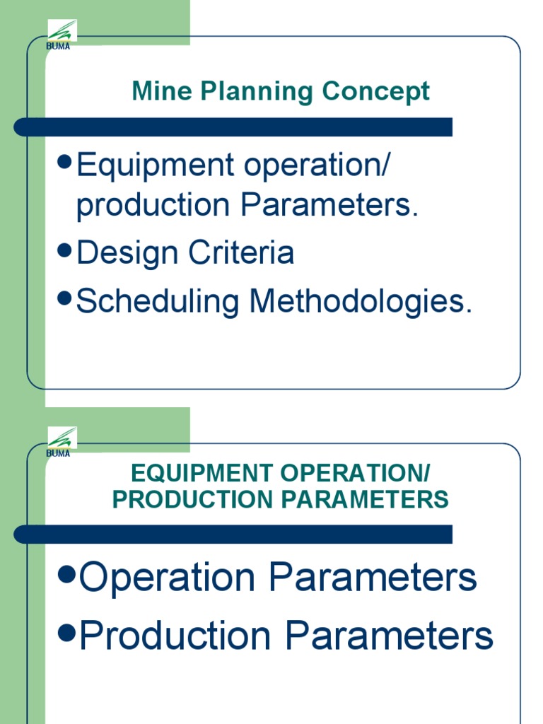 Mine Planning Concept: Equipment Operation/ Production Parameters. Design Criteria Scheduling ...