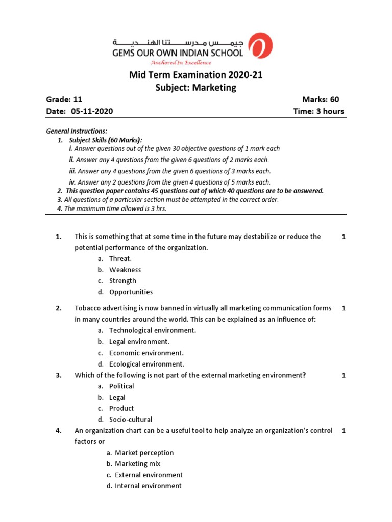 Grade 11 Marketing Midterm Exam QP | PDF | Marketing | Market Segmentation