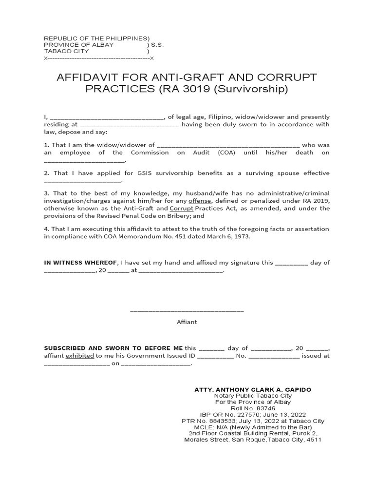 Affidavit For Anti-Graft and Corrupt Practices (Ra 3019 (Survivorship ...