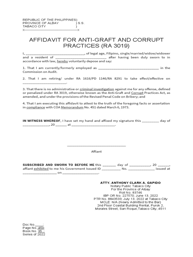 Affidavit For Anti-Graft and Corrupt Practices (Ra 3019) | PDF