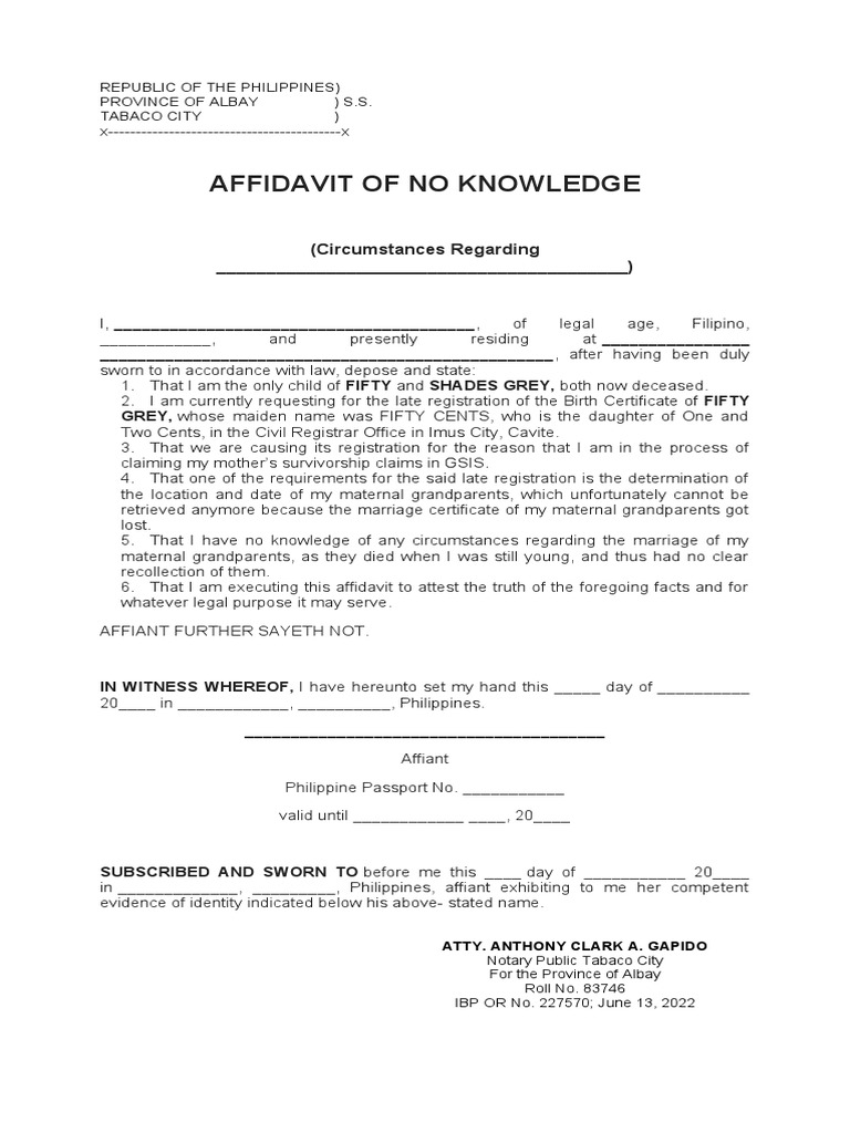 Affidavit of No Knowledge | PDF | Affidavit | Justice