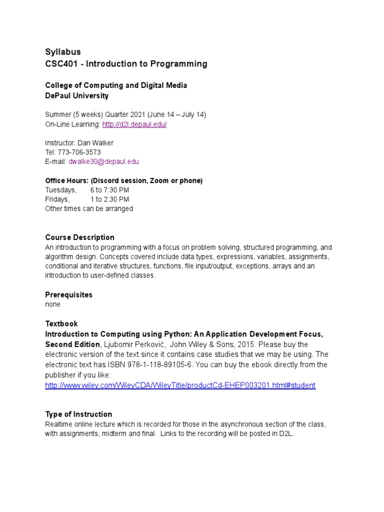 CSC 401 Summer 2021 Syllabus | PDF | Plagiarism | Course Evaluation