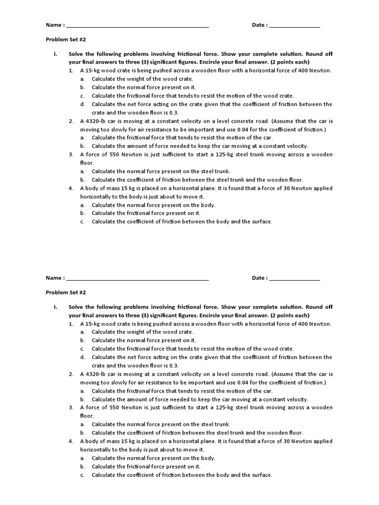 Problem Set On Frictional Force | PDF | Force | Friction