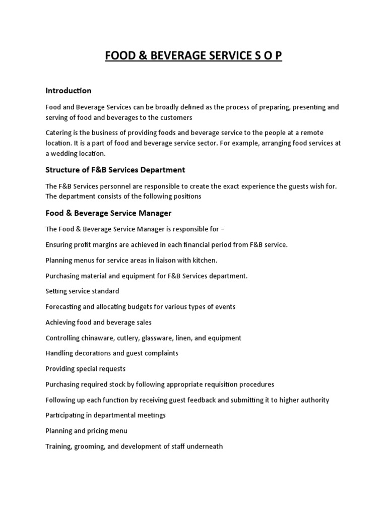 Food & Beverage Service S O P | PDF | Waiting Staff | Restaurants