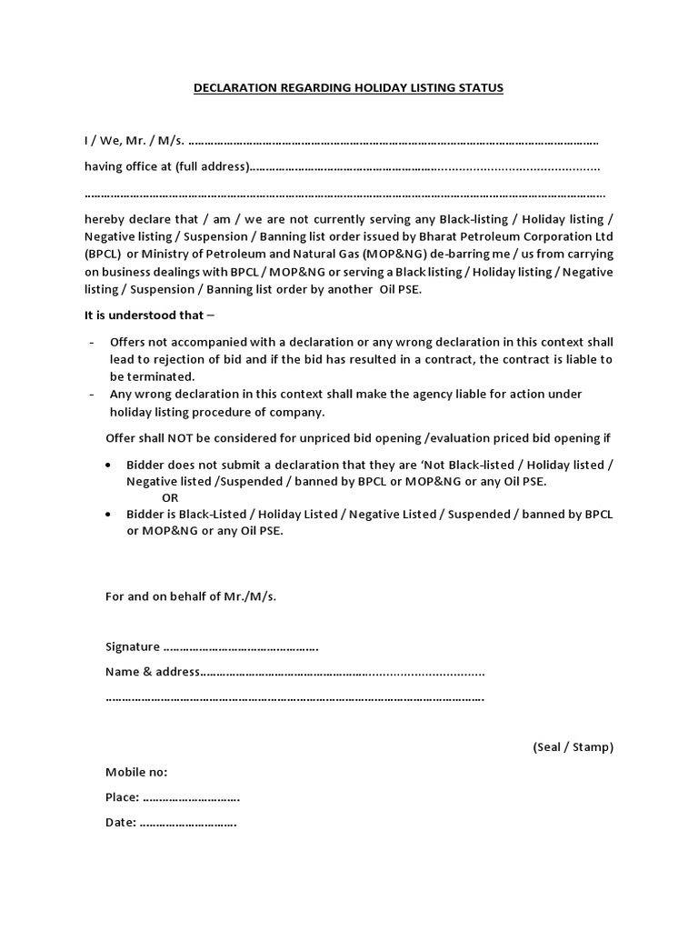 BPCL Holiday Listing Declaration Form | PDF | Finance & Money ...