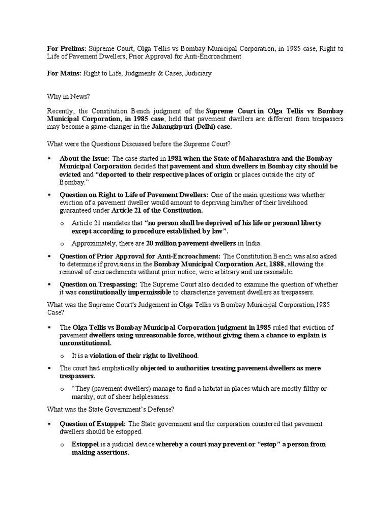 Olga Tellis Case | PDF | Supreme Court Of India | Estoppel