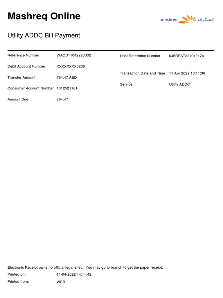 Mashreq Online: Utility ADDC Bill Payment | PDF