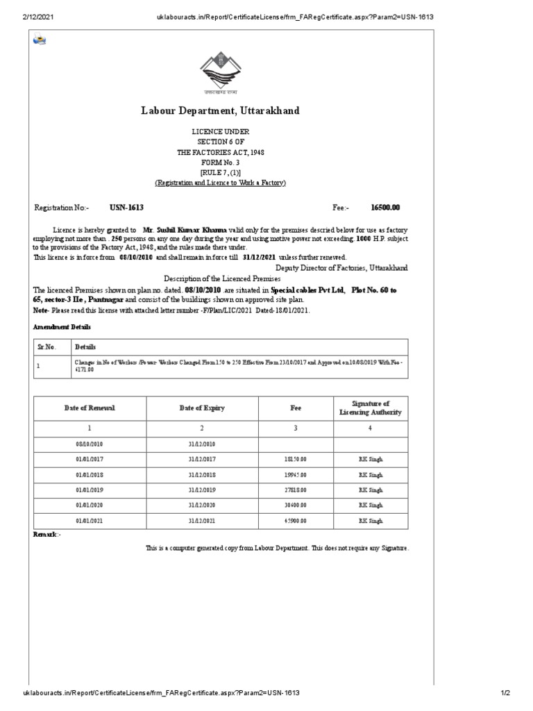 Labour Department, Uttarakhand: Registration No:-Fee | PDF | License ...