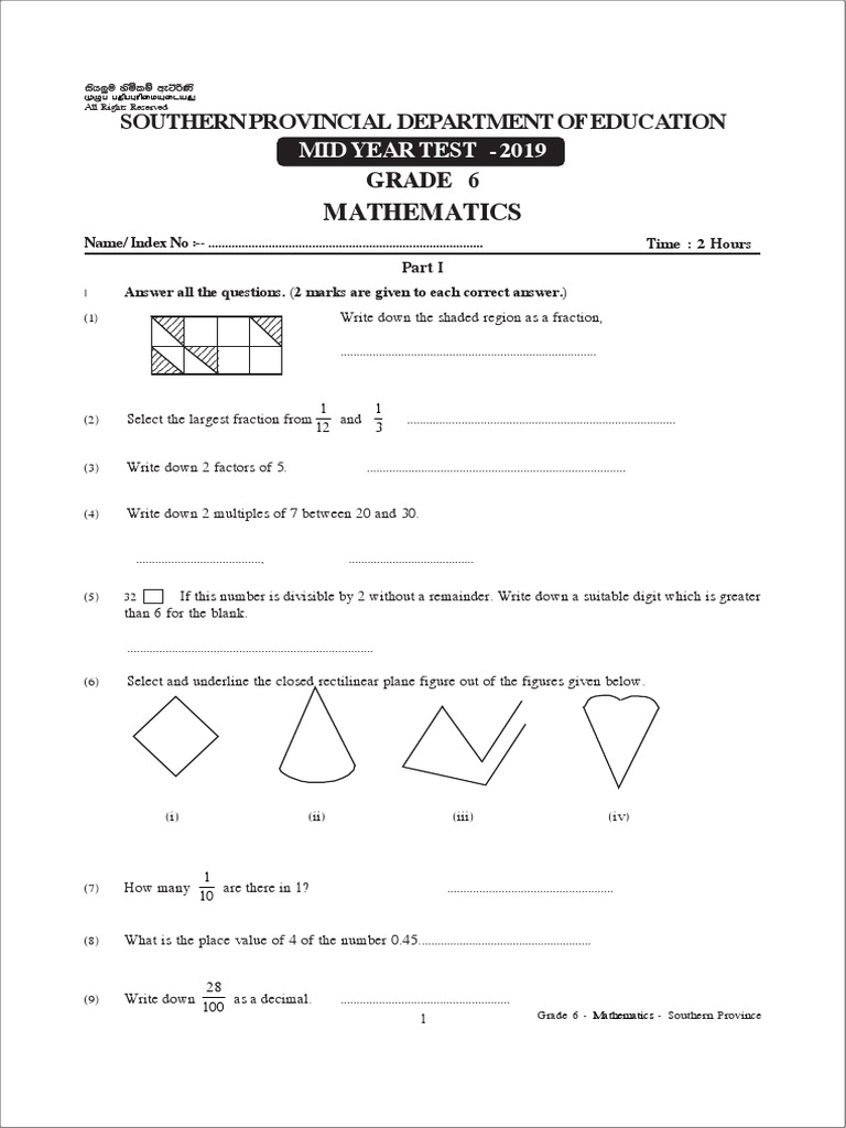 2019 Grade 06 Maths Second Term Paper With Answers English Medium ...