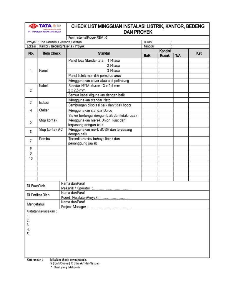 FM - Checklist Mingguan Instalasi Listrik Site Office, Bedeng Dan ...