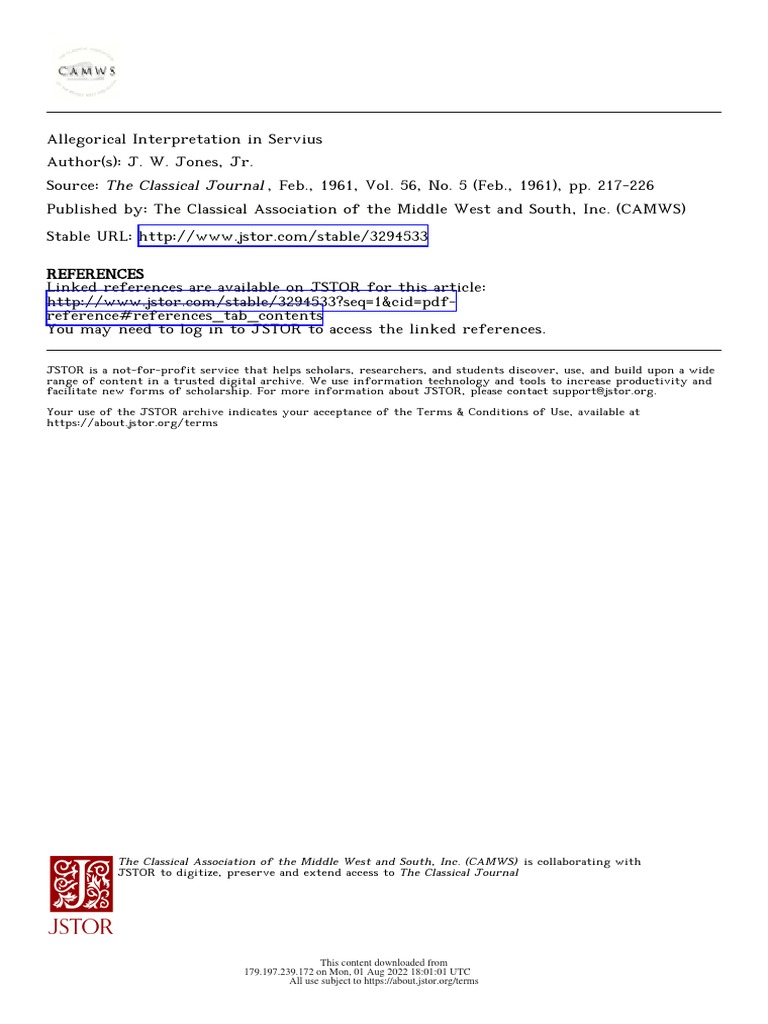 JONES, Allegorical Interpretation in Servius | PDF | Virgil | Aeneid