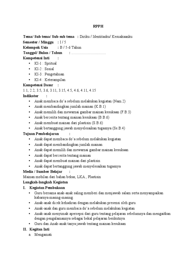 1.minggu - RPPH Tema Diri Sendiri - Identitasku - Kesukaanku | PDF