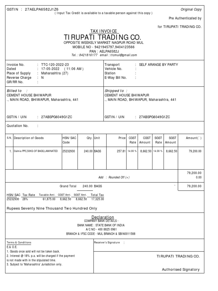 Tax Invoice for Cement Purchase | PDF | Money | Government