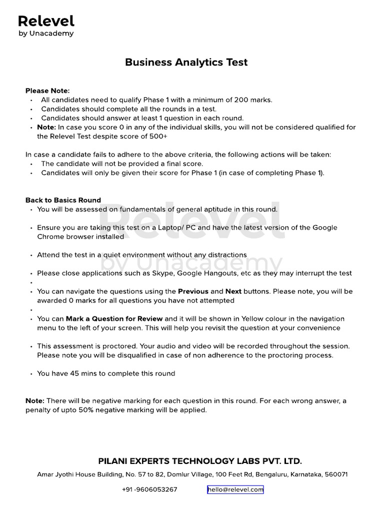 Business Analytics Test: Pilani Experts Technology Labs Pvt. LTD | PDF ...