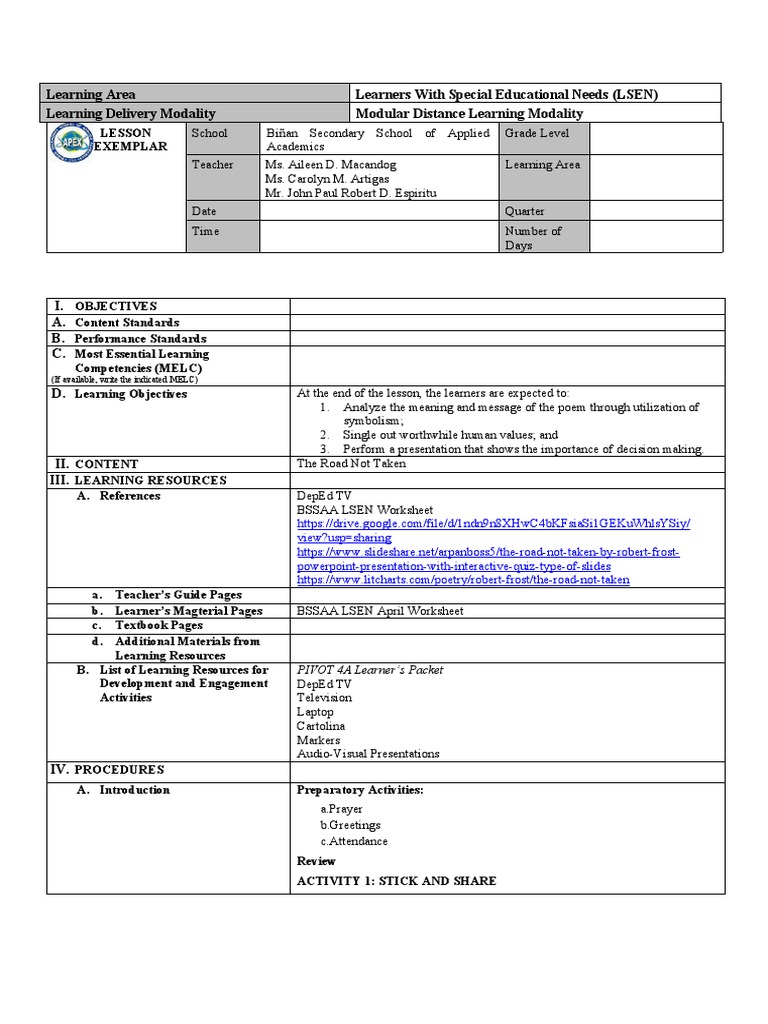 Learning Area Learners With Special Educational Needs (LSEN) Learning ...